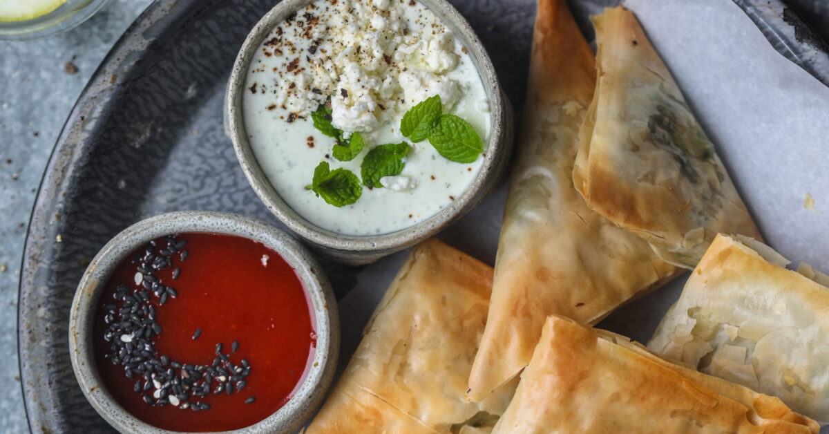 Spanakopita-Leeks and Spinach Phyllo Triangles with Feta Sauce