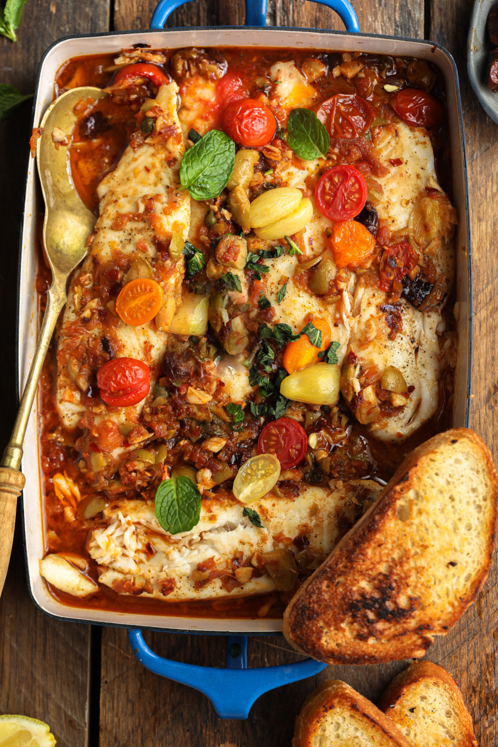 Baked Spiced Mediterranean fish with Olives and Capers