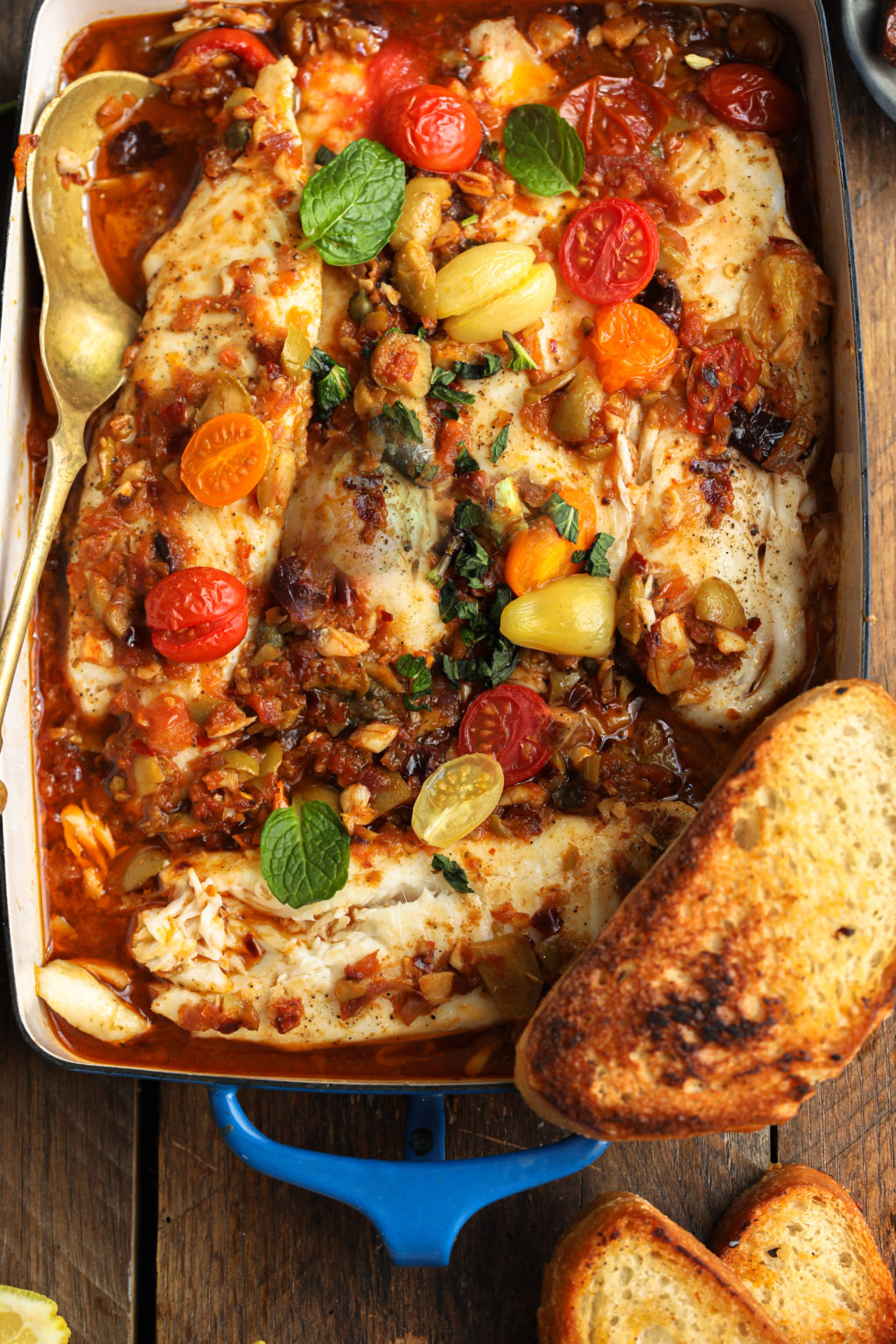 Baked Spiced Mediterranean fish with Olives and Capers